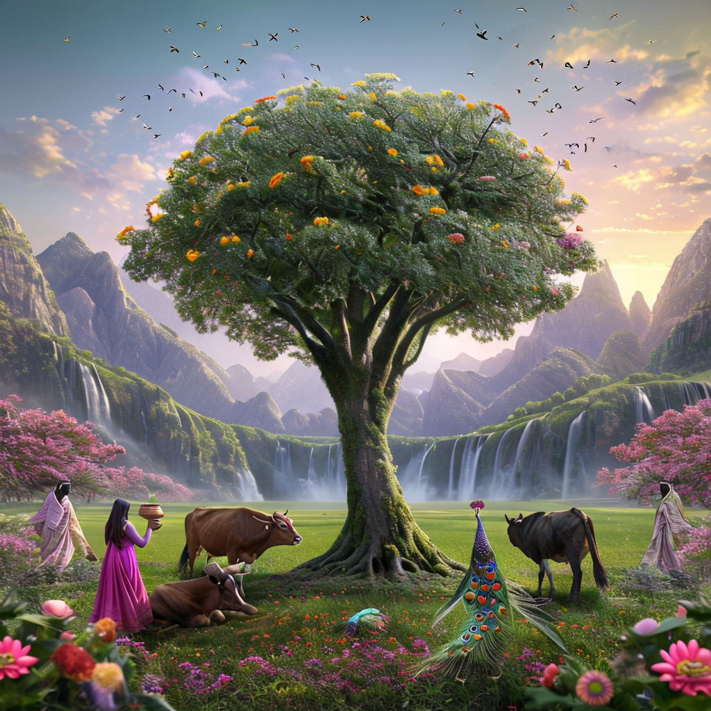 Create image having big flowers tree in center and big grass... by ...