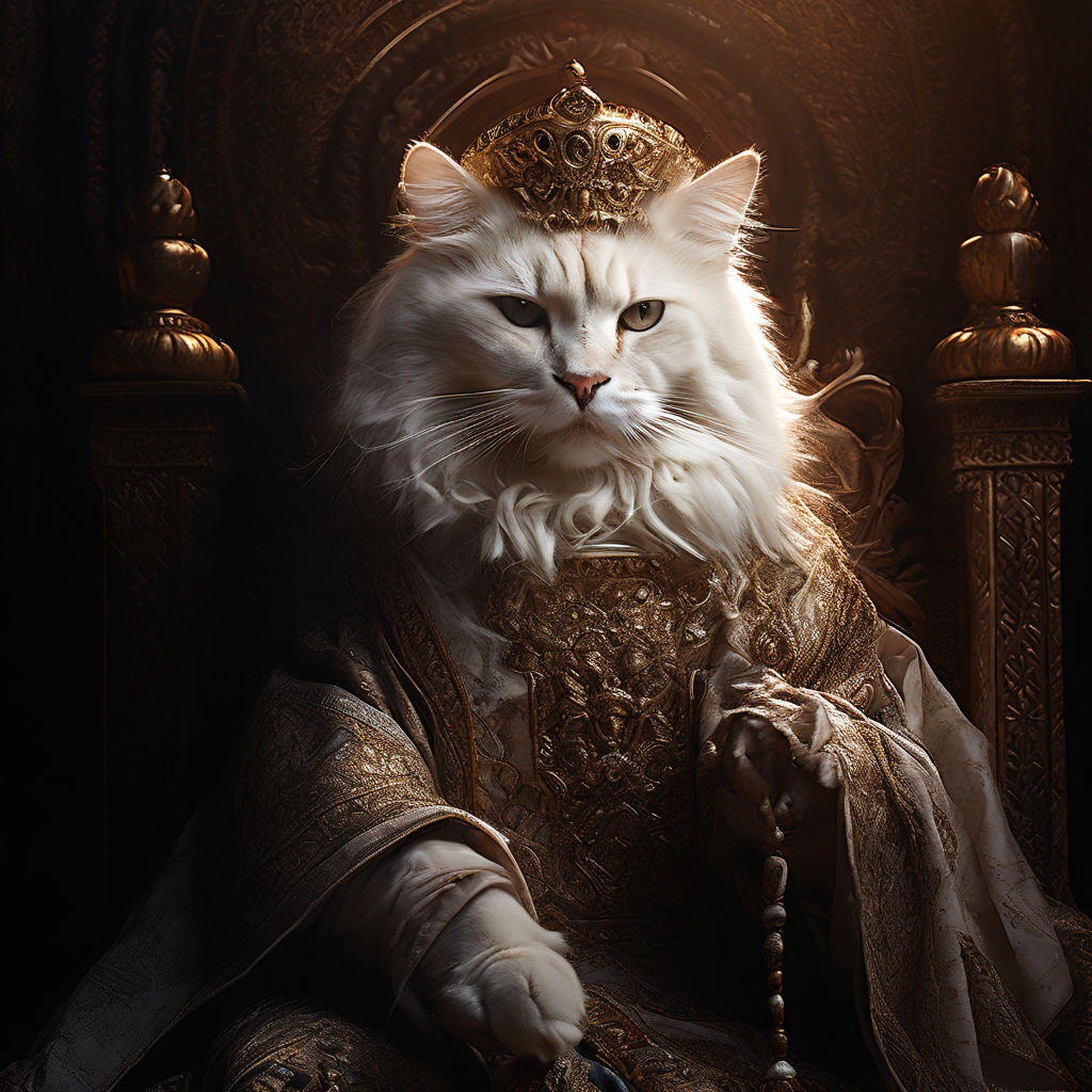 White cat styled as ancient Persian king seated on an ornate... by ...
