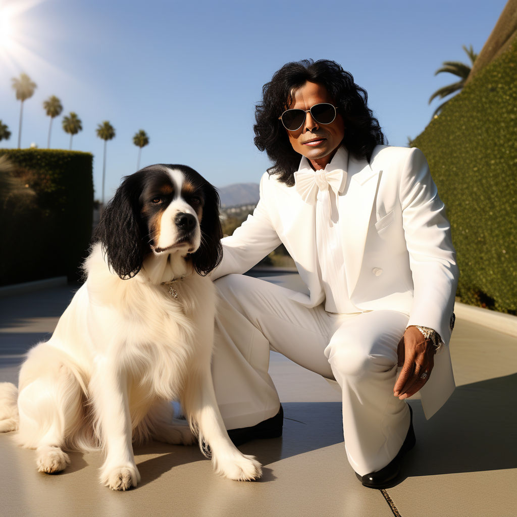 Michael Jackson pets a Cocker Spaniel dog in a white suit ag... by Stev ...