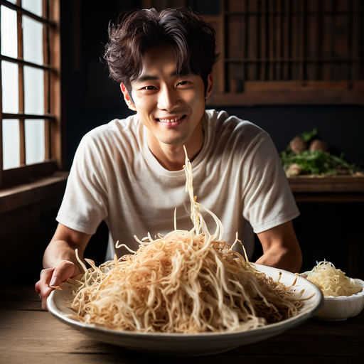 A beautiful Korean man is eating a pile of enoki mushrooms by 박병문 ...