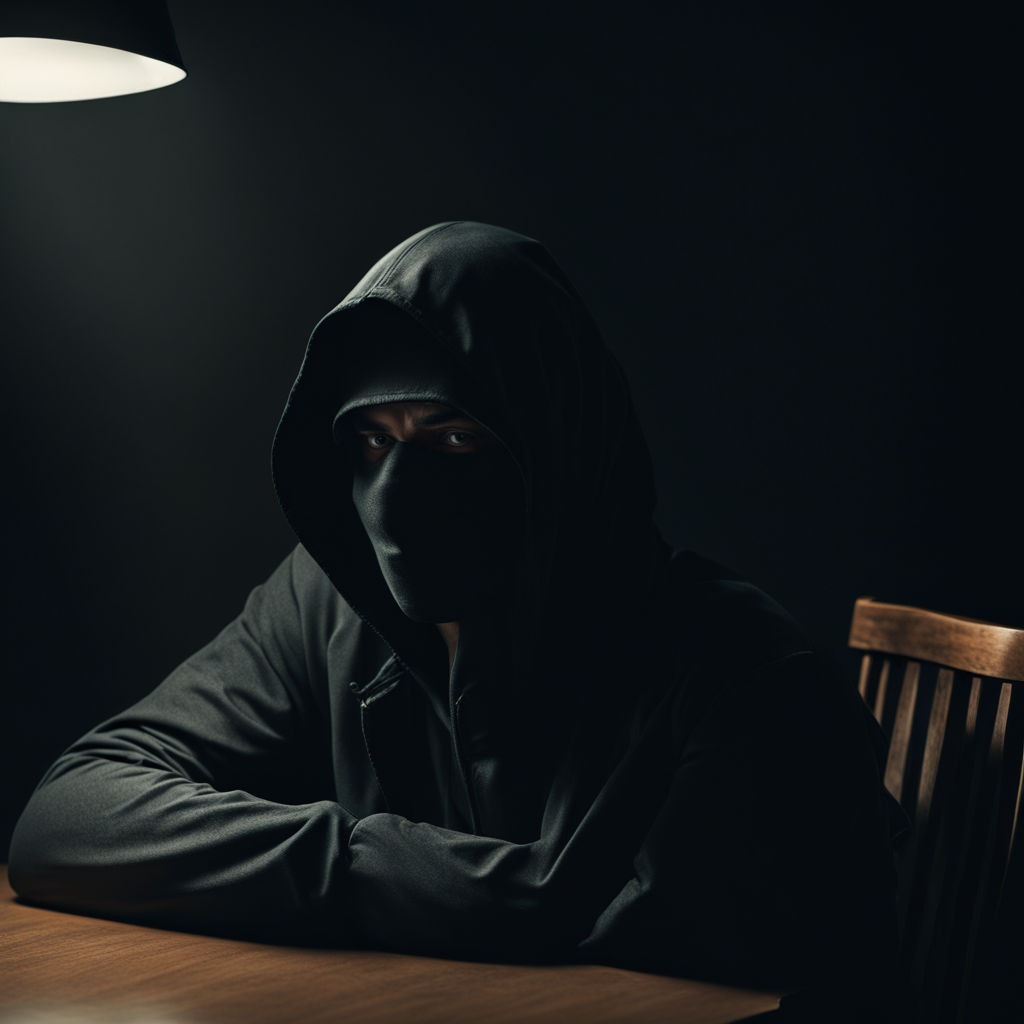 The image shows a secretive man in a deep hood covering his ... by ...