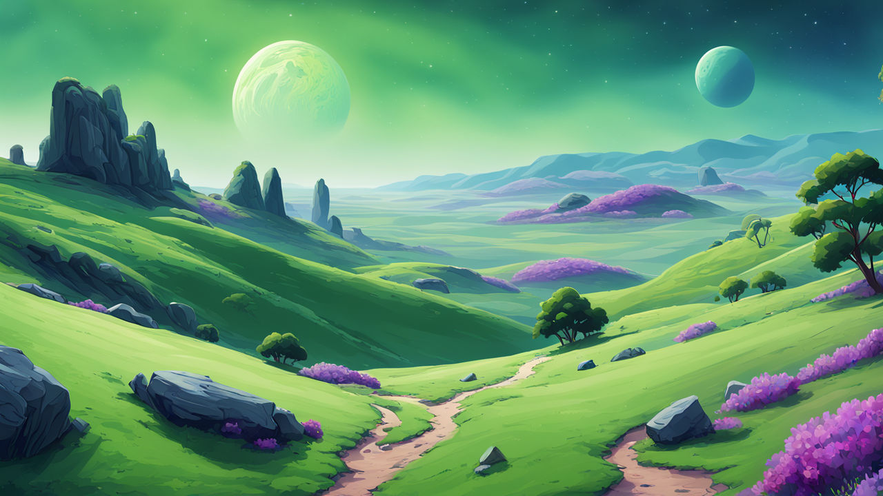 The image depicts a vibrant and serene landscape characteriz... by ...