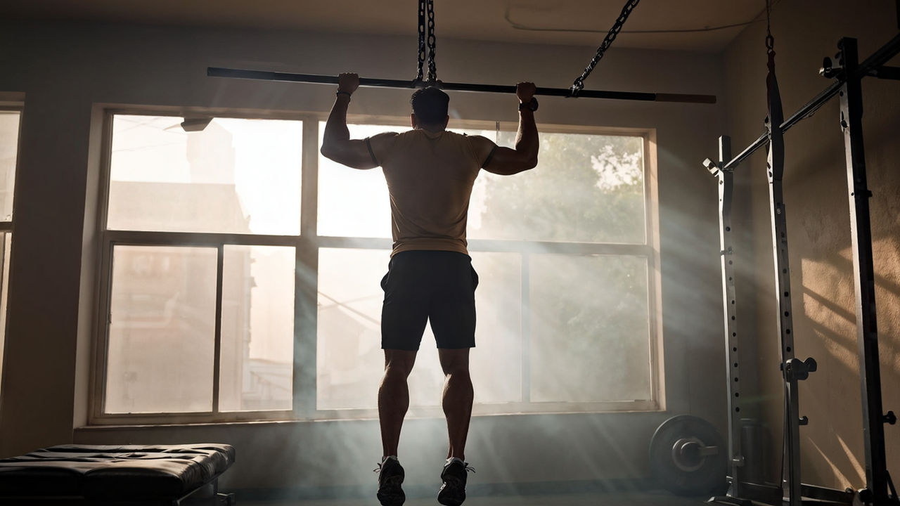A medium fit body Indian secret agent taking pullups workout... by ...