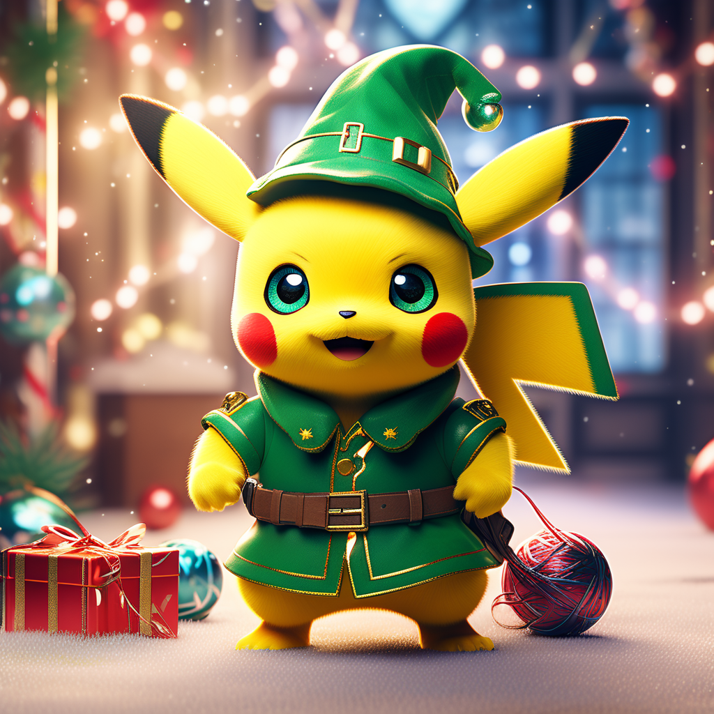 Pikachu dressed as an elf on the shelf in green in a room fu... by ...