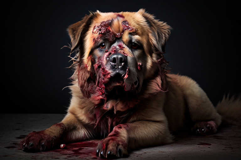 A zombie chow chow dog with spotted rotten skin and bone sho... by ...
