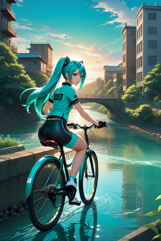 A woman riding a bike next to a river by Вера - Playground