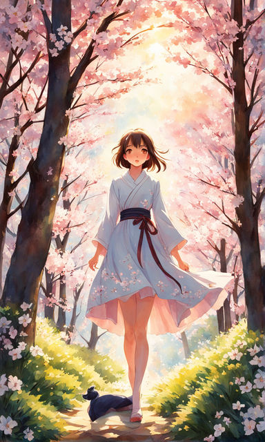A delicate anime girl strolls through a forest of cherry blo... by life ...