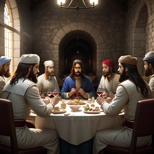Jesus at the table with all his disciples breaking bread and... by ...
