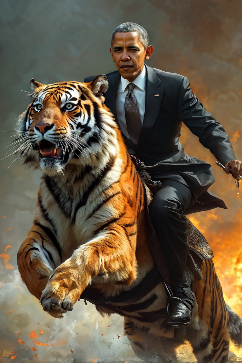 Barack obama riding a tiger into battle by David Ferris - Playground