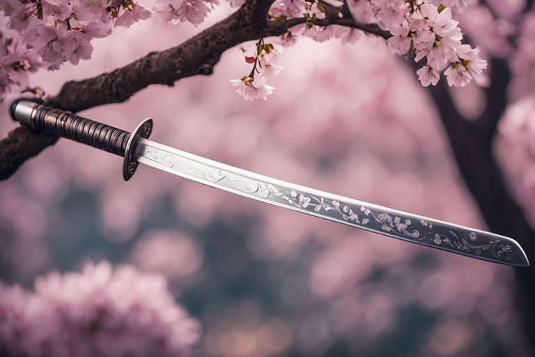 The blade of a silver long katana in a floral pattern is hor... by ...