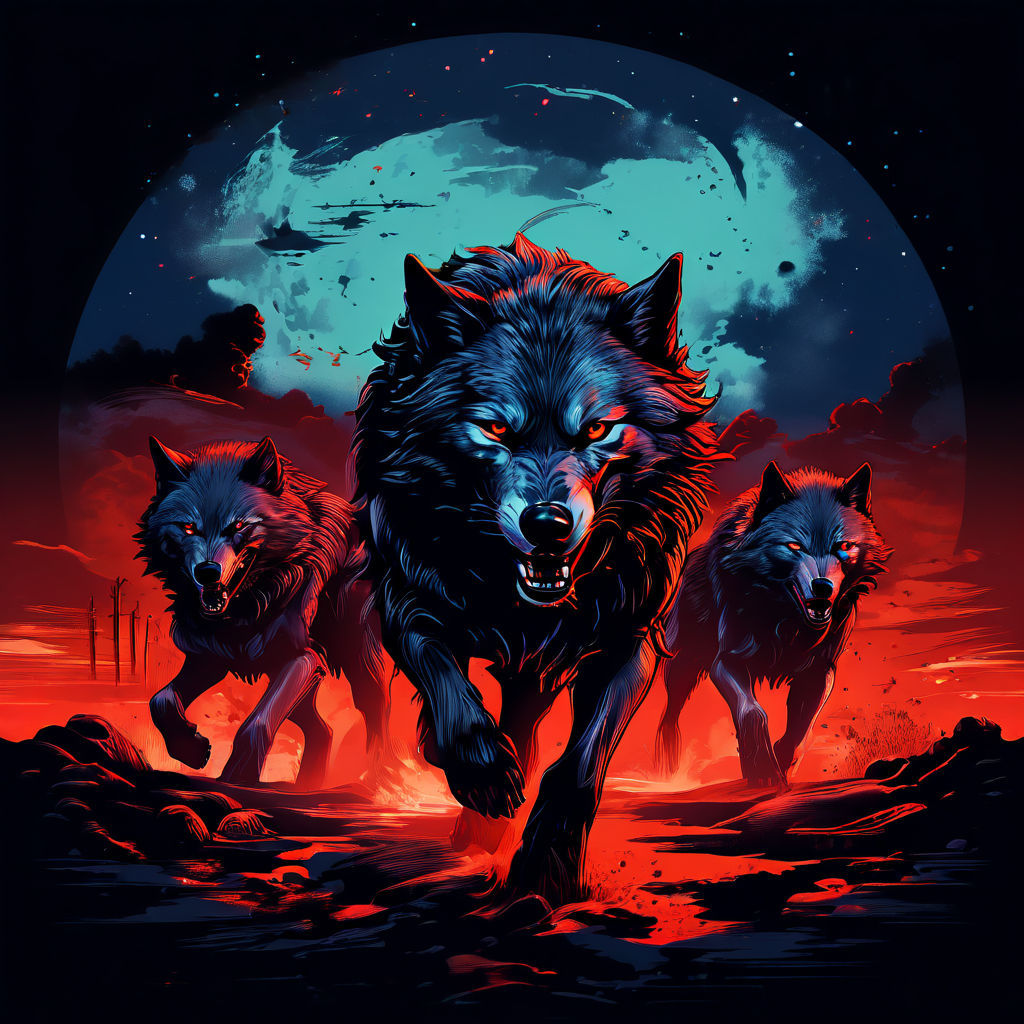 A pack of angry wolves hunting in the desert. One wolf is cl... by ...