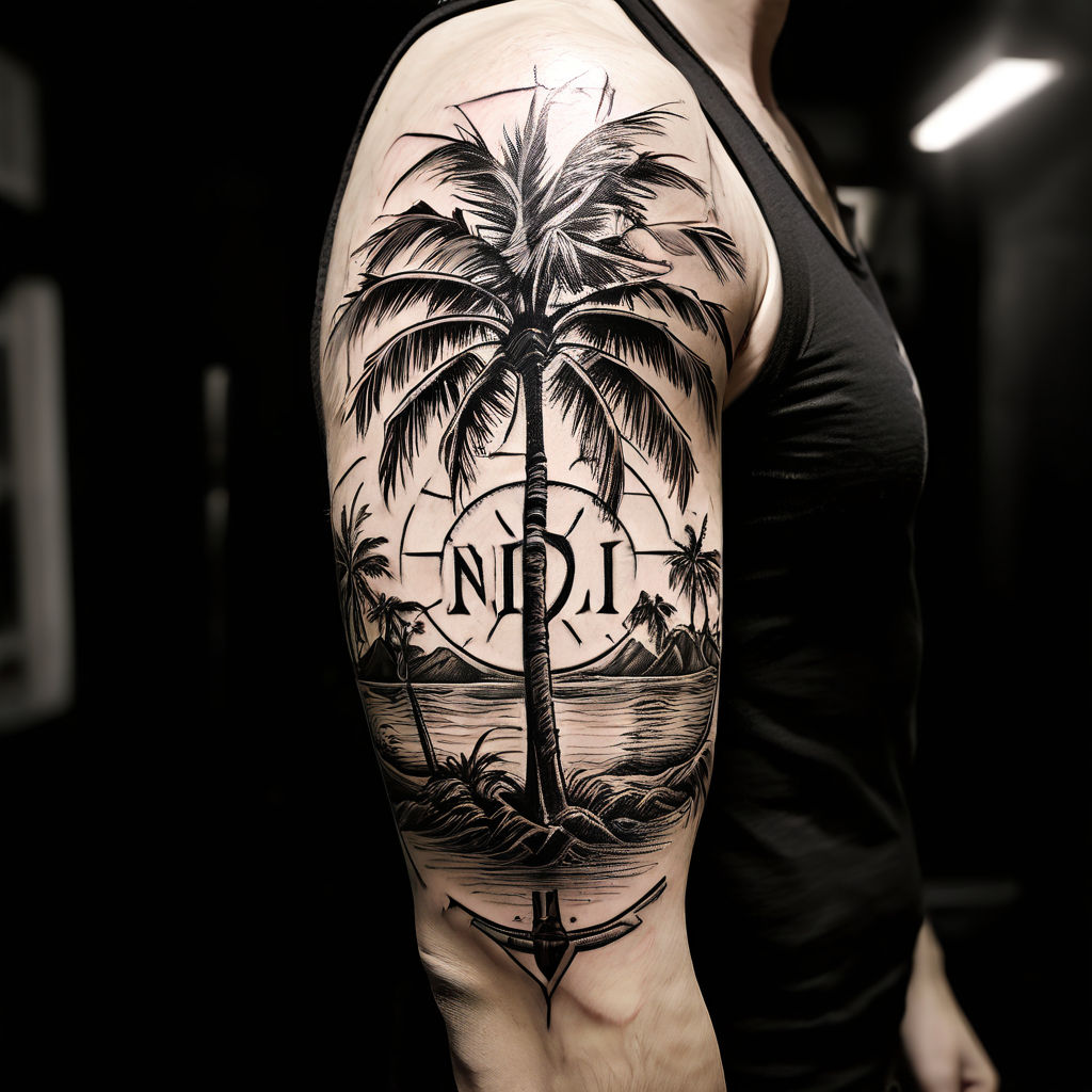 Tattoo of a coconut tree with a viking compass in front. Sim... by Ben ...