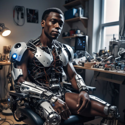 A black man cyborg in his room sitting in his repair chair by G D ...