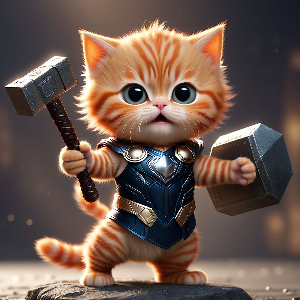 A photo of a 3d cute baby orange CAT dressed as thor holding... by hy ...
