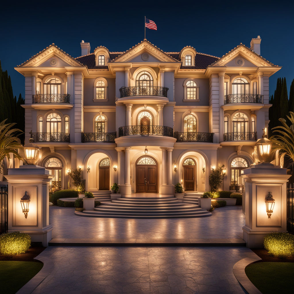 Create a luxurious MASSIVE MANSION NIGHT VIEW WITH A GOLDEN ... by ...