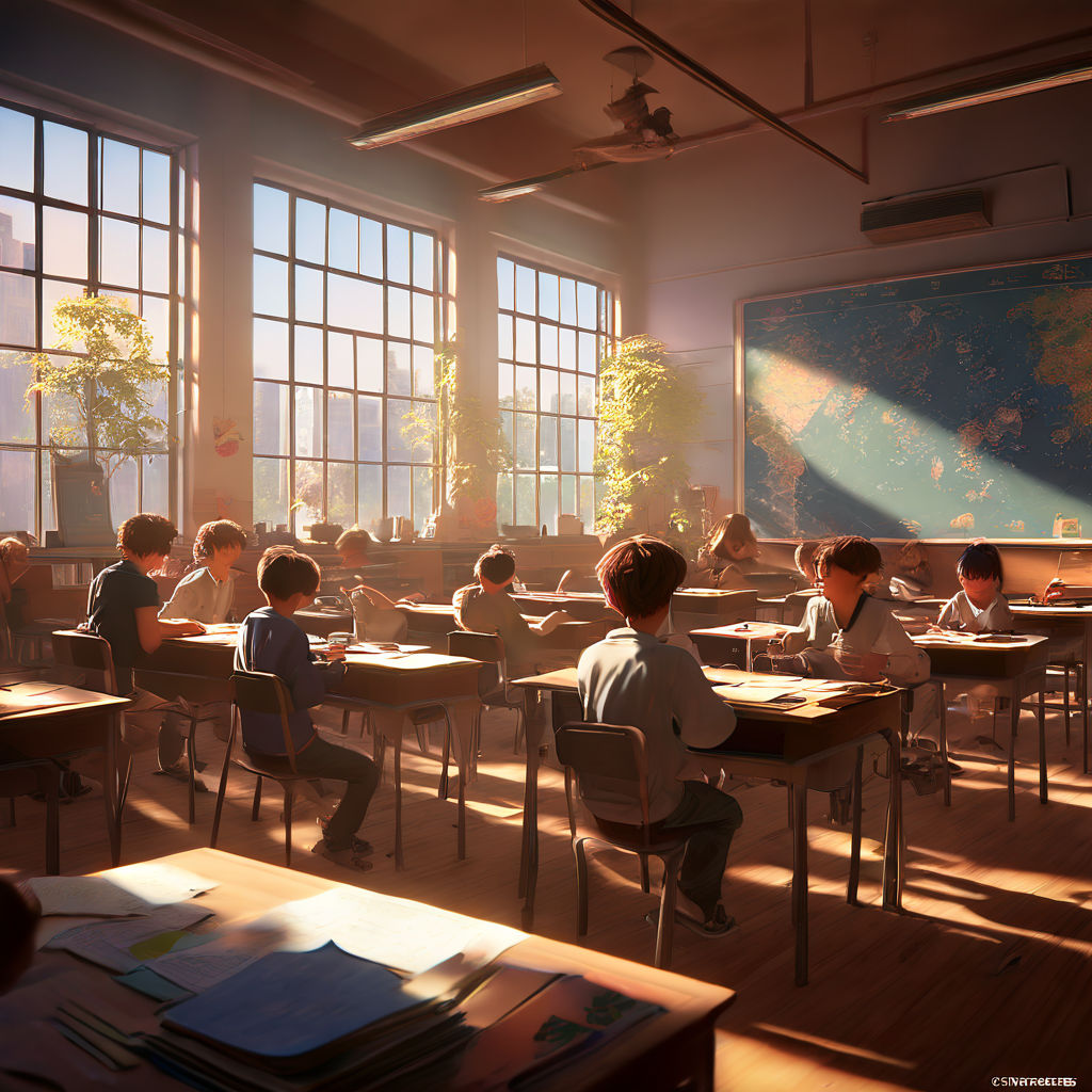 Classroom scene rendered in Unreal Engine combines styles of... by s ...