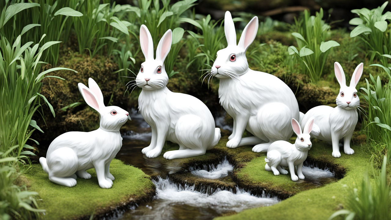 A picture showing the white Tin rabbit family around a small... by ...