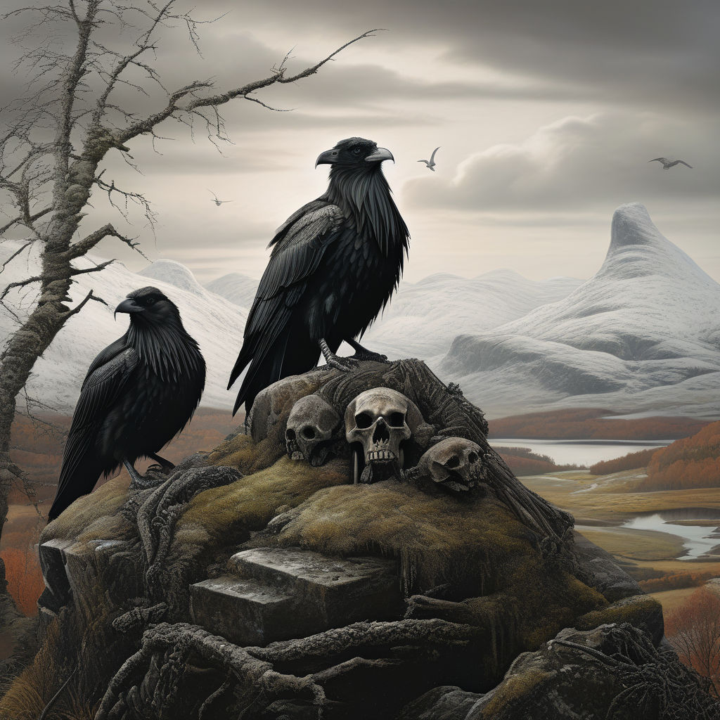 Odin's crows Hugin and Munin sit on the skull of a bull in t... by ...