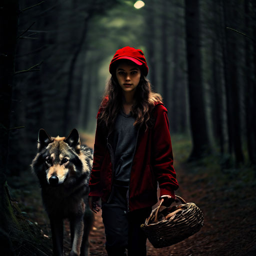 The dark forest. A teenage girl in a red cap is walking alon... by Olga ...