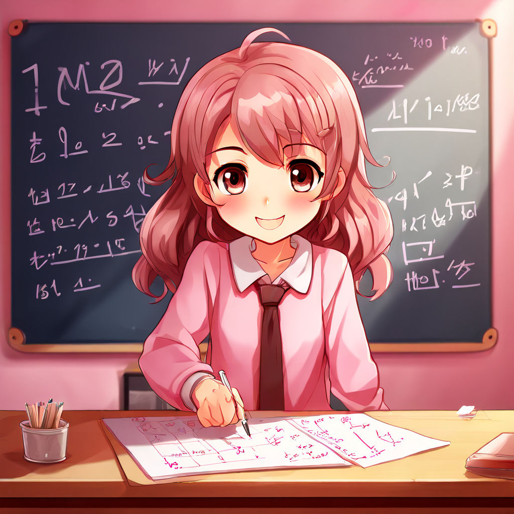 A cute anime girl solving a math problem on the board in her... by ...
