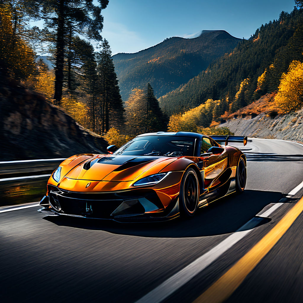 High-performance sports car racing on a winding mountain roa... by ...