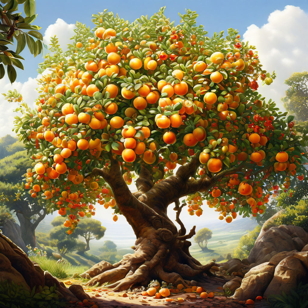 An imposing tree full of fruit. Its fruits are solid gold by Dario ...