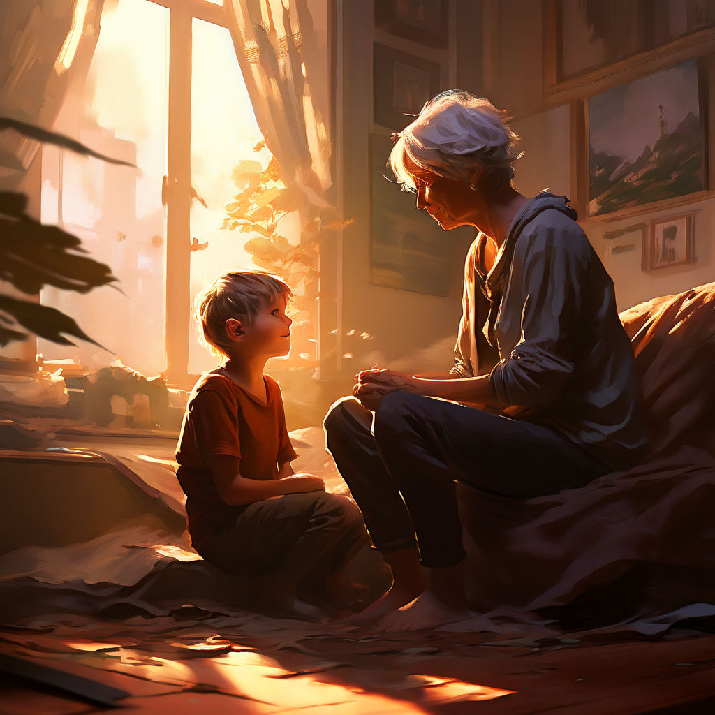 Boy and elderly mother seated in room by hameed rana - Playground