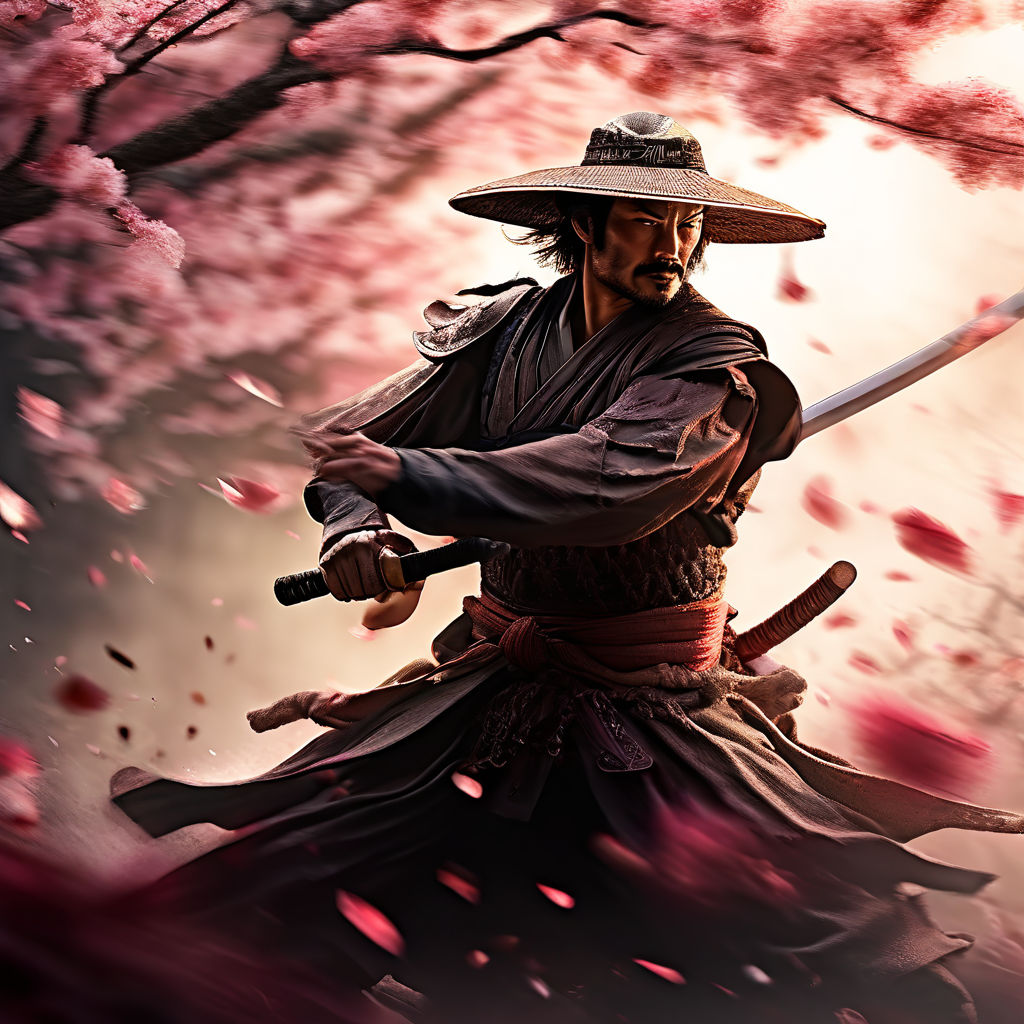 Ronin wearing a straw hat captured mid-swing with a katana by Daria ...