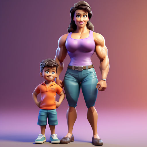 Female bodybuilder muscular woman with her son in 3d pixar e... by ...