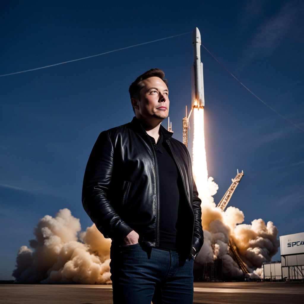 Elon Musk standing confidently in front of a SpaceX rocket l... by ...
