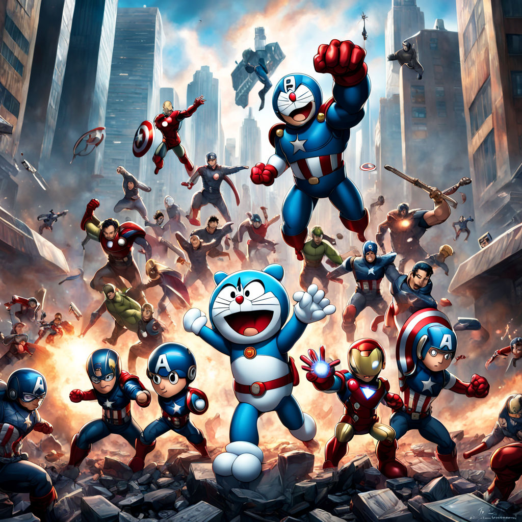 Doraemon standing with the Avengers during a climactic battl... by Ssm ...