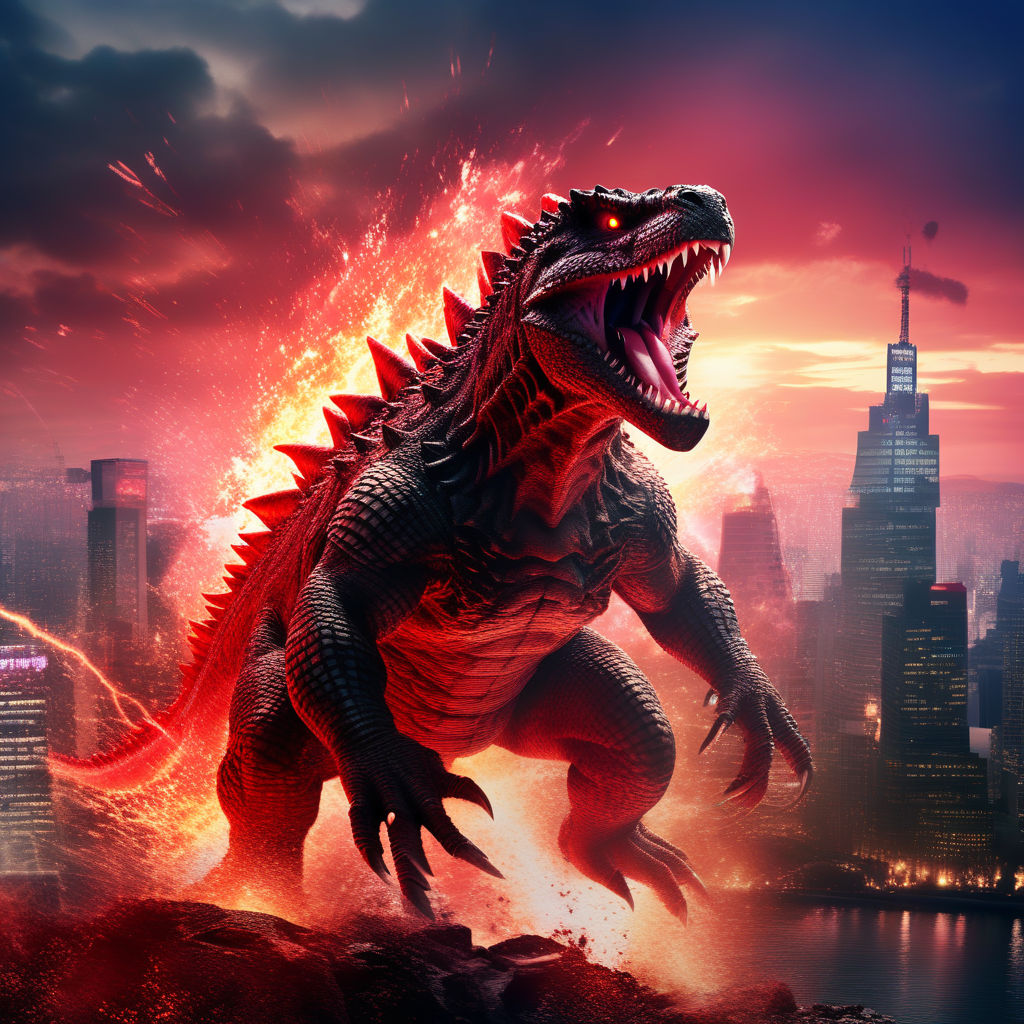 Red Godzilla-like lizard kaiju emitting streams of acid by George Lee ...