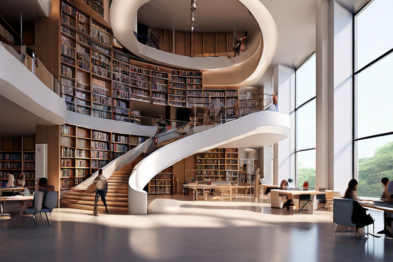 A double height library architecture college with ramp by DD H - Playground