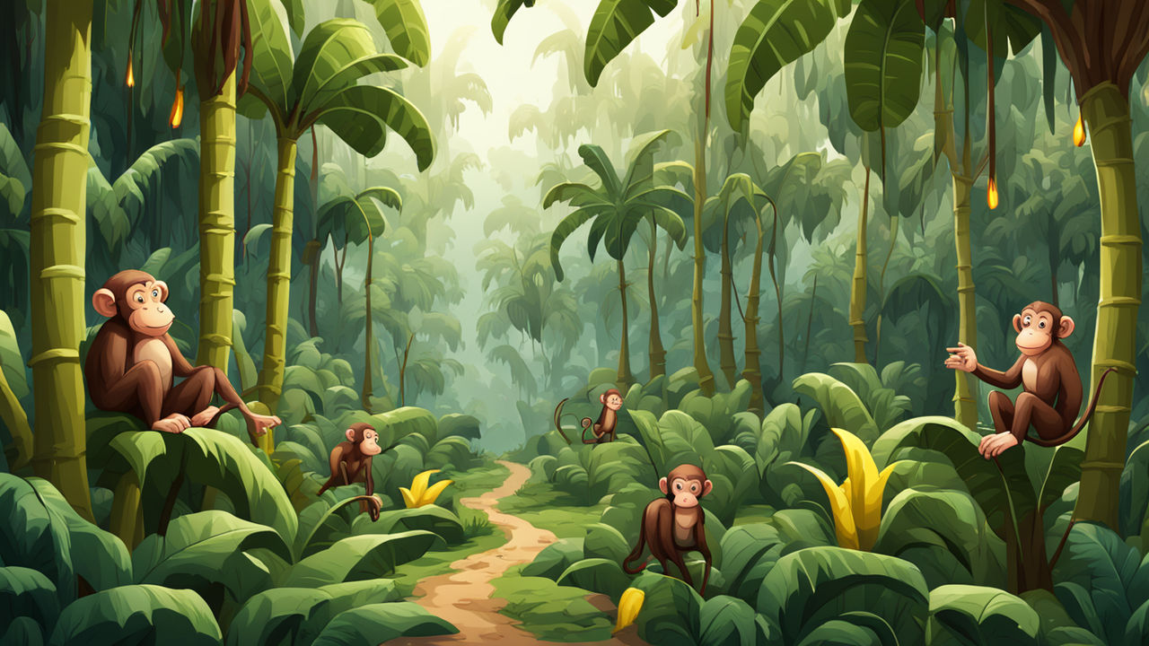 Cartoon forest atmosphere with lots of banana trees and monk... by ...