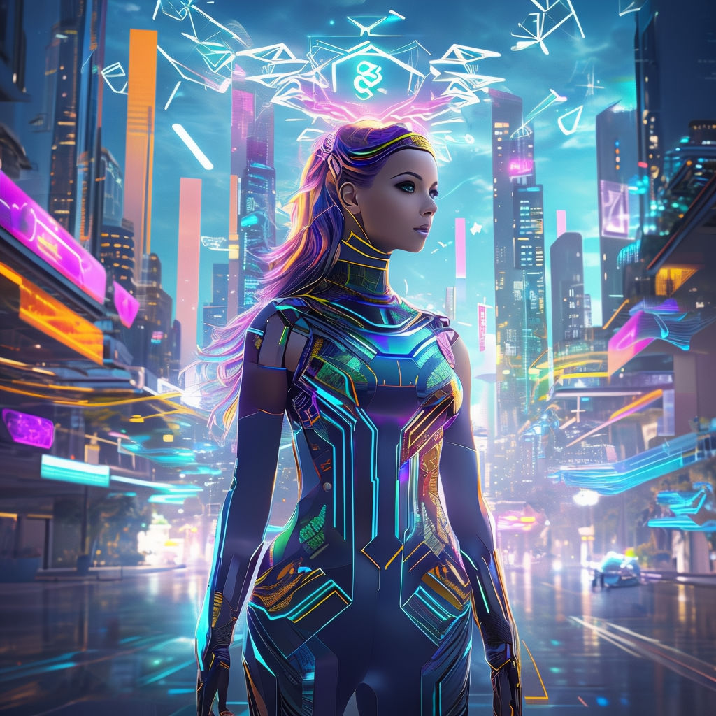 A regal digital goddess stands tall in a hyper-futuristic ci... by Lily ...