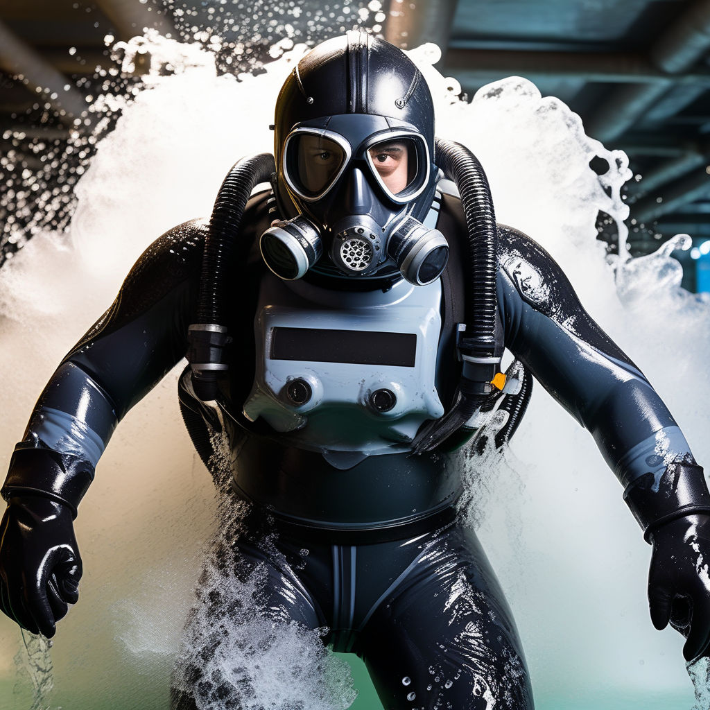 A mega huge beefy scuba diver in tight jet black rubber wets... by ...