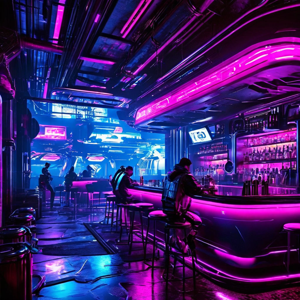 Futuristic synthwave bar with people sitting and drinking we... by ...