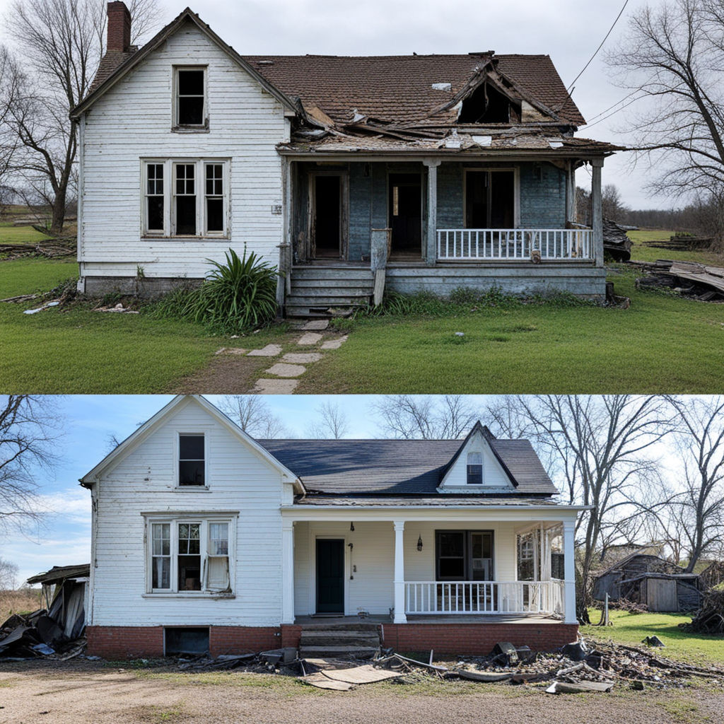 A dilapidated house before and after side by side by Renee Noelle - Playground