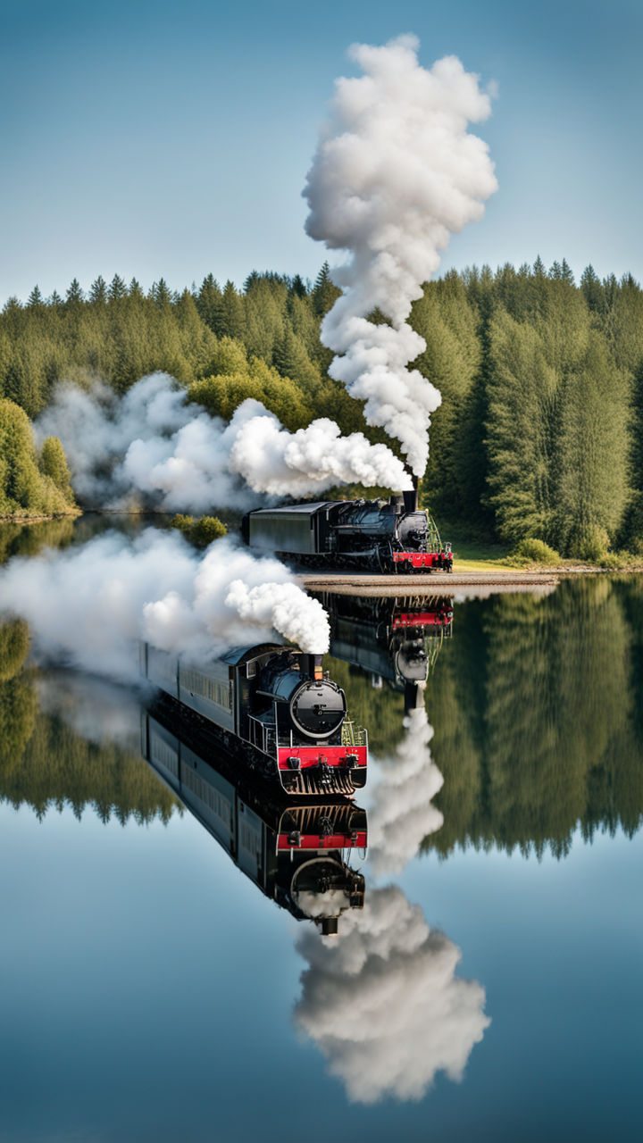 Steam locomotive gliding along the shores of a tranquil lake by Zi YiZ ...