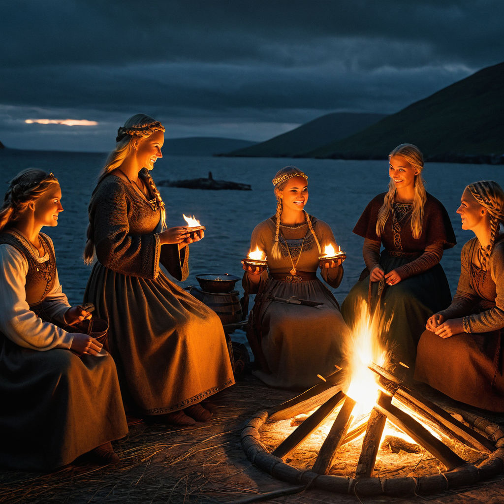 An atmospheric scene of Viking women gathering by the fireli... by ...
