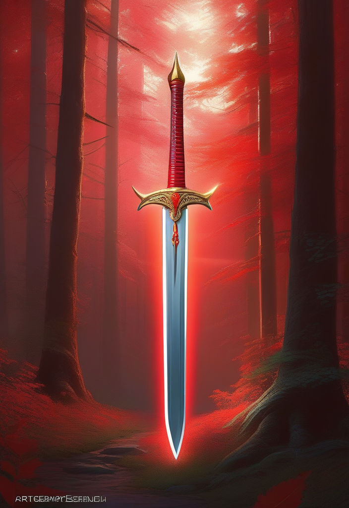 Shining glowing Red Medieval golden unicorn sword on display by ...