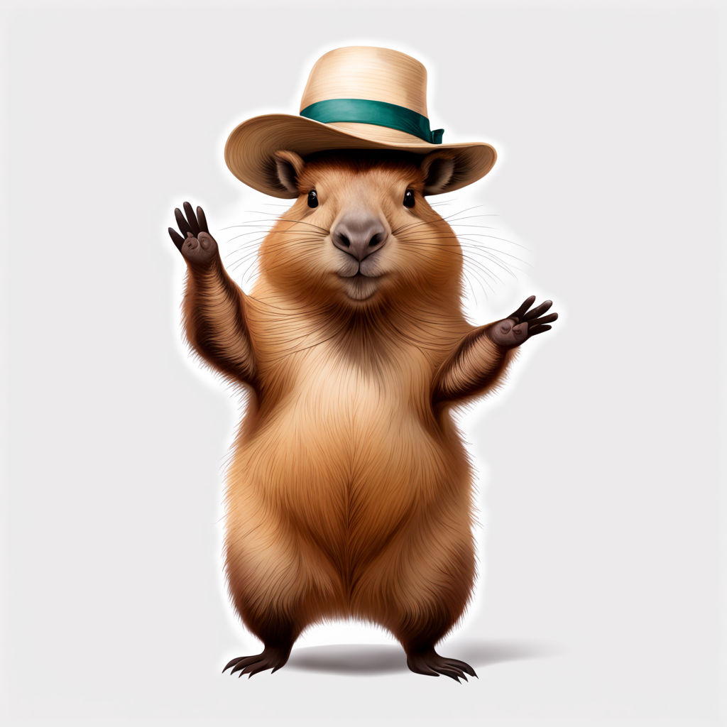 A jolly capybara in a hat waving her hand by Tatiana Kharkova - Playground