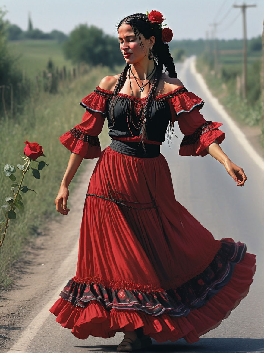 A realistic illustration of a gypsy woman dancing by the roa... by ...