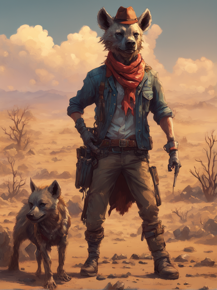 CREATE a wild hyena cowboy character in VERY DIRTY AND OLD o... by ...