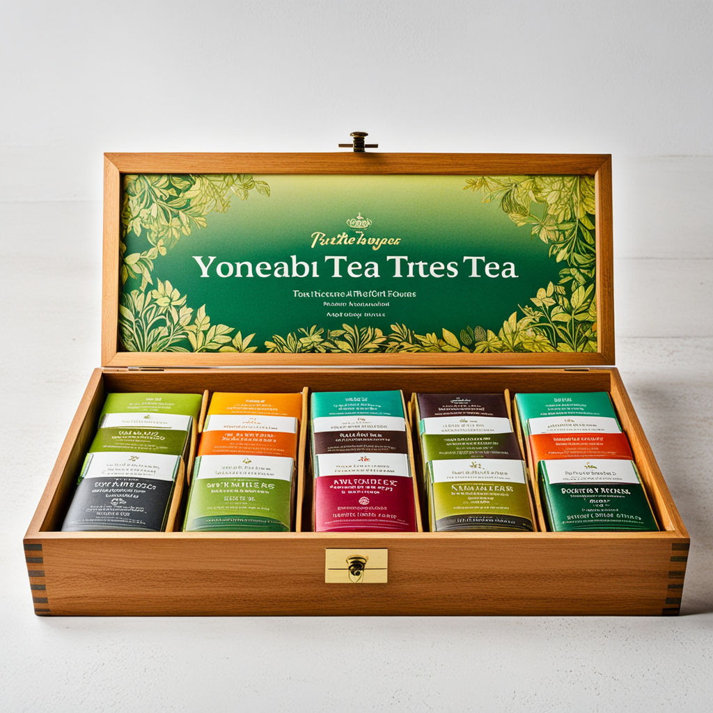 Front view of a tea box with various types of tea by M E - Playground