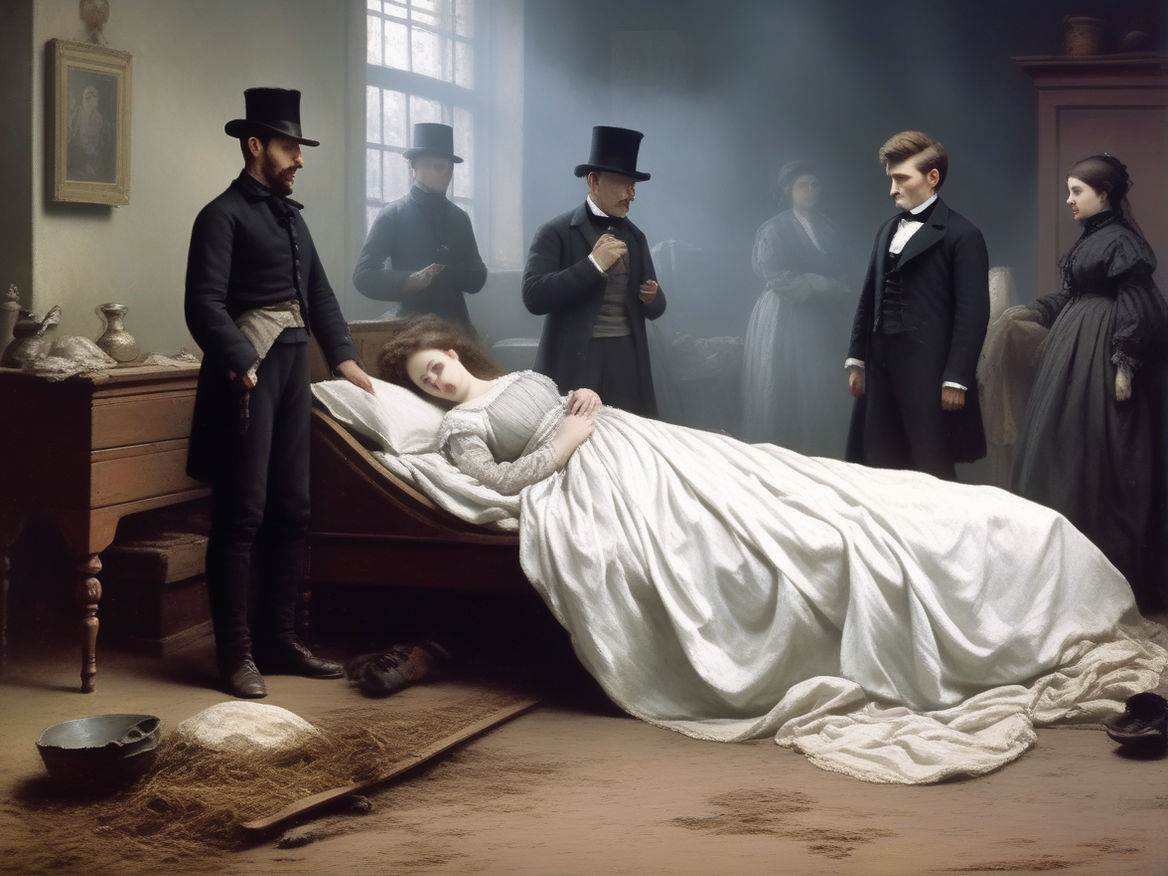 Dead person lying in bed with other people around dressed in... by RUI ...