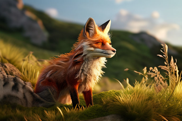 Fox and lizard positioned at the base of a rolling hill by Raju Boda ...