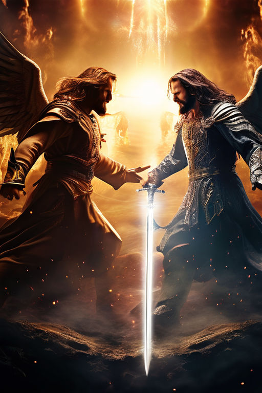 Jesus and lucifer with a shining sword fighting the two ap... by Andrei ...