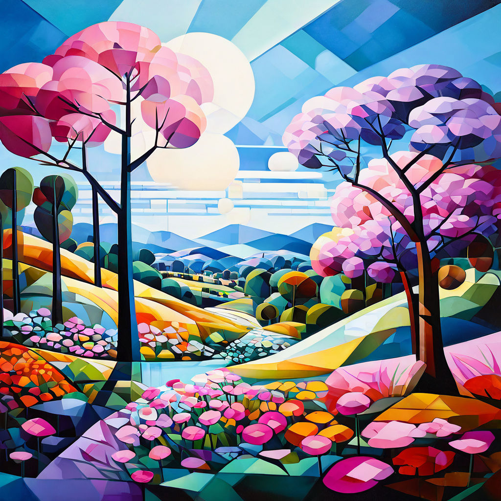 The cubist landscape with flowering trees represents a radic... by Вера ...