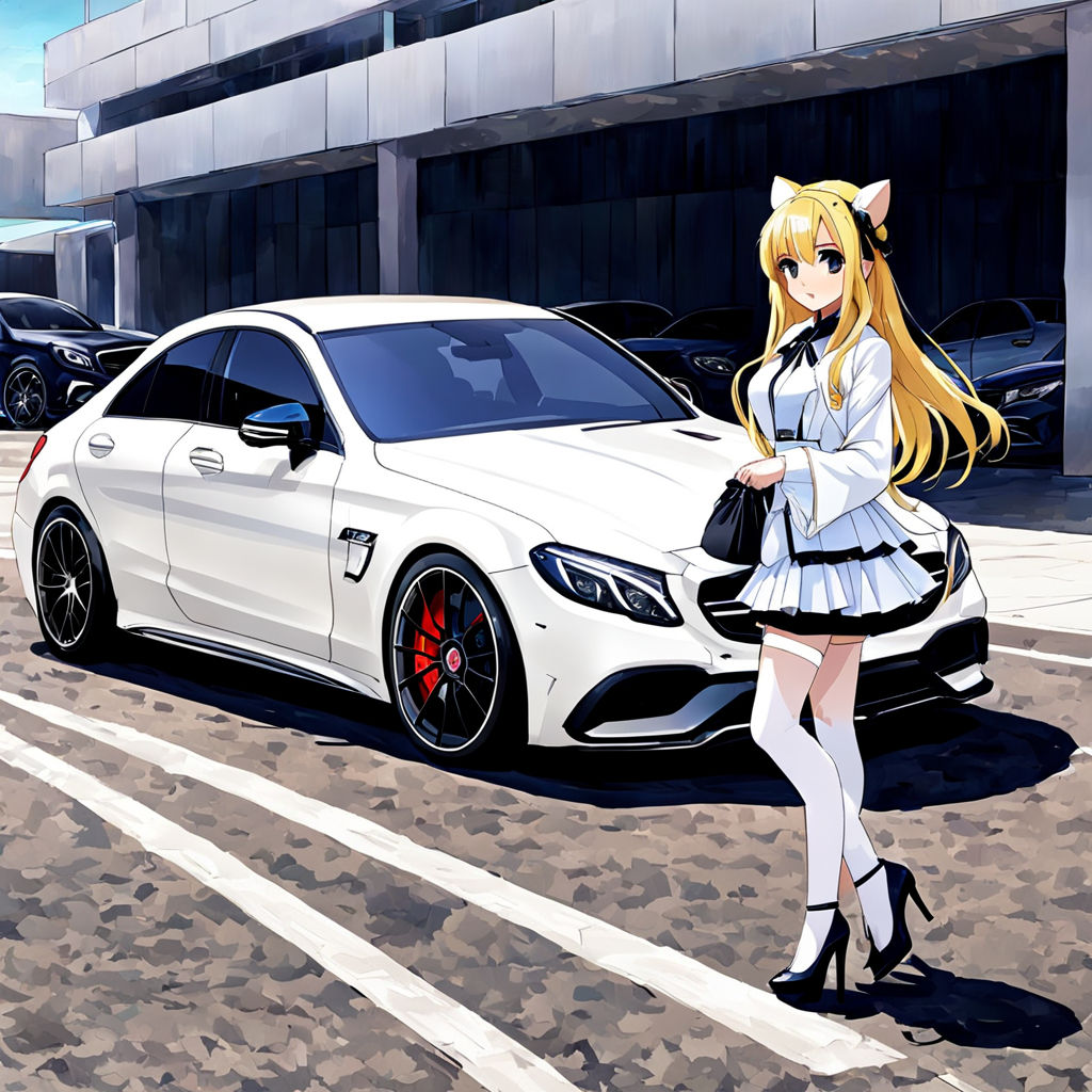 I want a beautiful anime girl standing next to a Mercedes-A... by ...